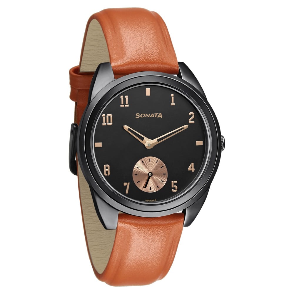 Buy Online Sonata Women of Steel Black Dial Leather Strap Watch for ...