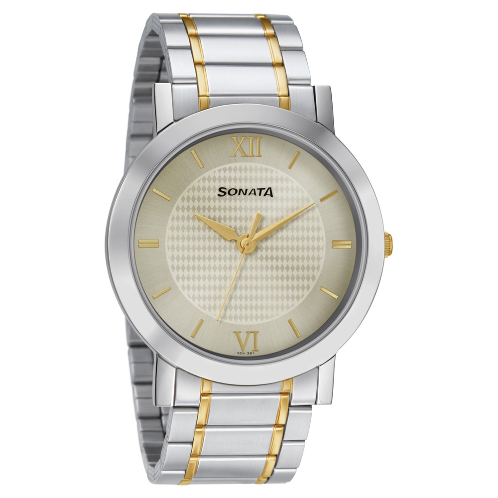 Buy Online Sonata Quartz Analog Champagne Dial Stainless Steel Strap ...