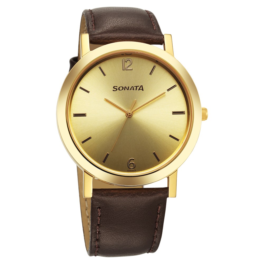 Buy Online Sonata Utsav Quartz Analog Champagne Dial Leather Strap Watch for Men - 77108yl03_p ...