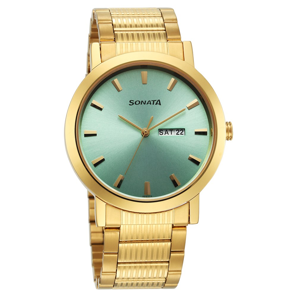 Buy Online Sonata Utsav Quartz Analog with Day and Date Green Dial Stainless Steel Strap Watch ...