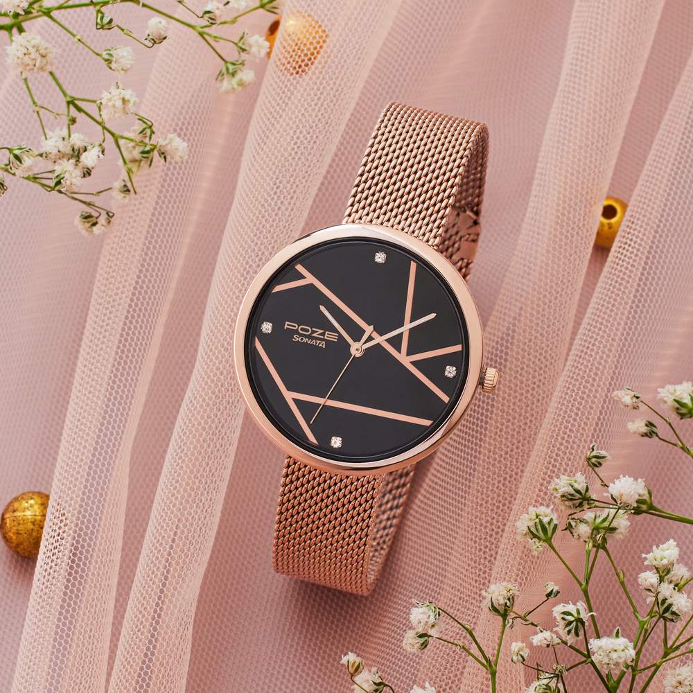 Buy Online Sonata Poze Quartz Analog Black Dial Rose Gold Color ...