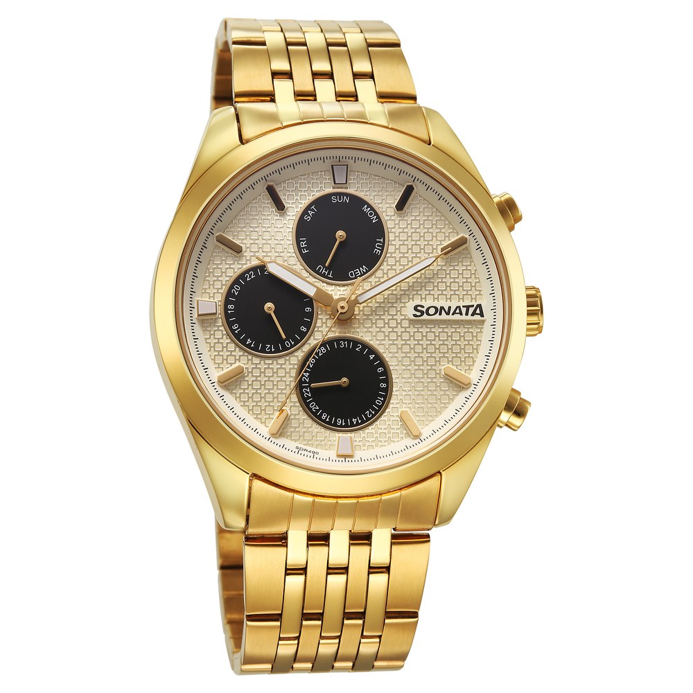 Buy Online Sonata Magna Quartz Multifunction Champagne Dial Golden ...