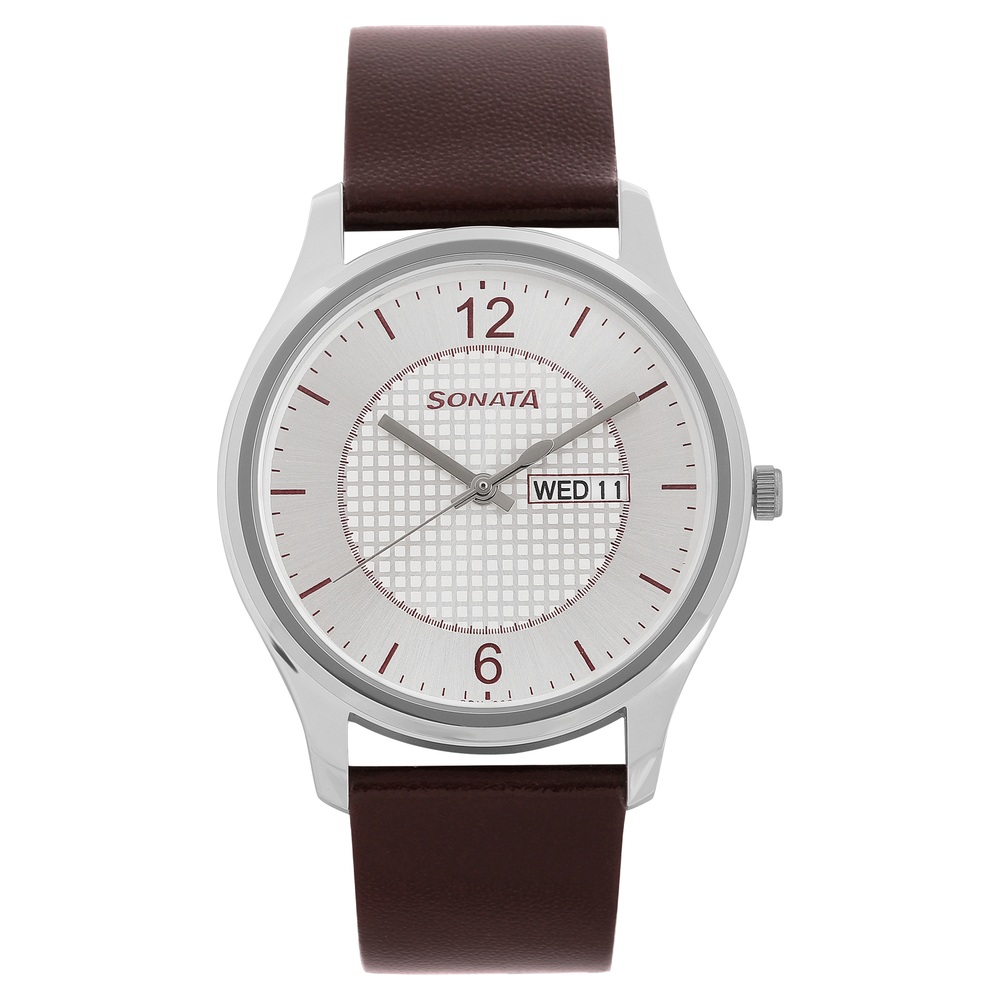 Buy Online Sonata Quartz Analog with Day and Date Silver Dial Leather ...