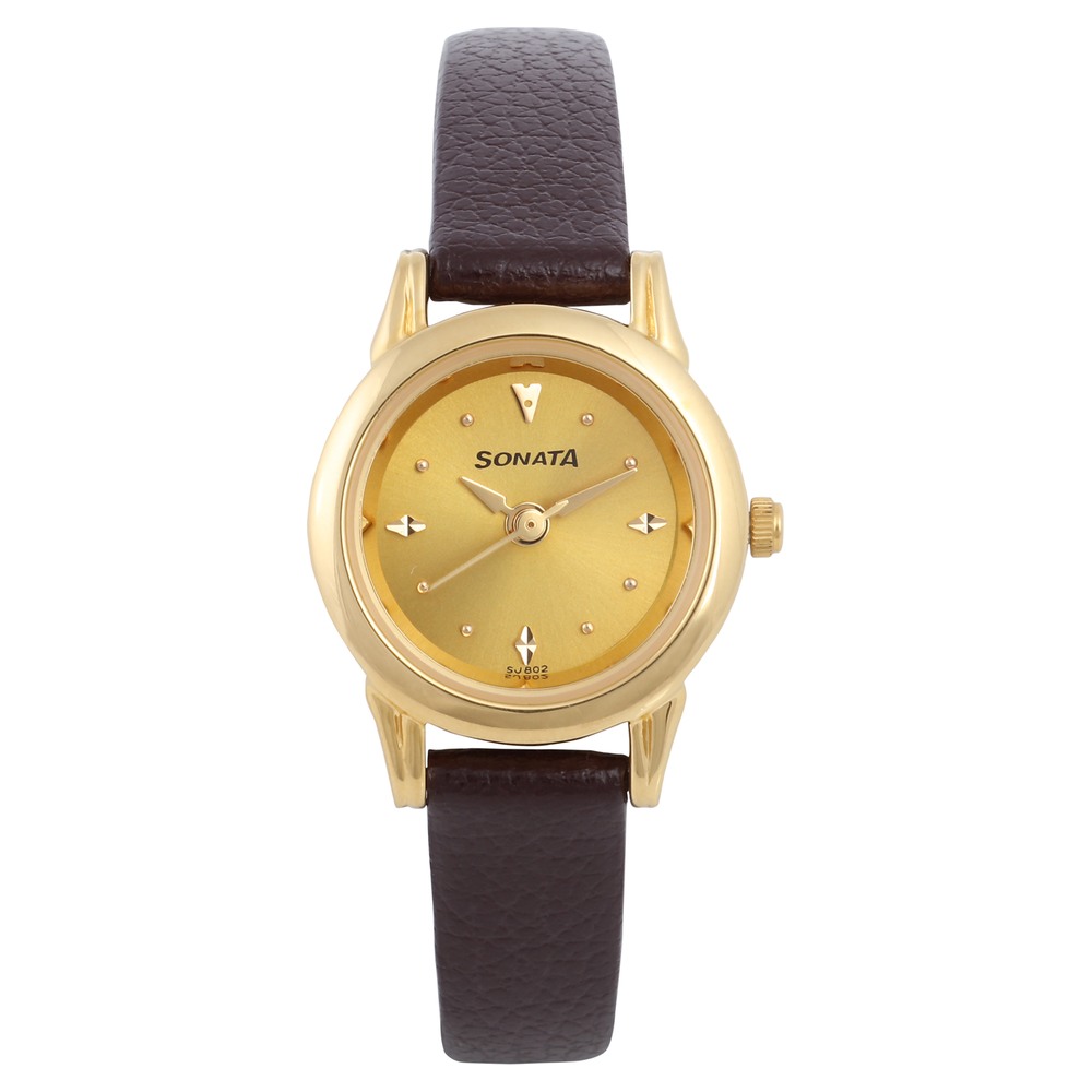 Buy Online Sonata Quartz Analog Champagne Dial Leather Strap Watch for ...