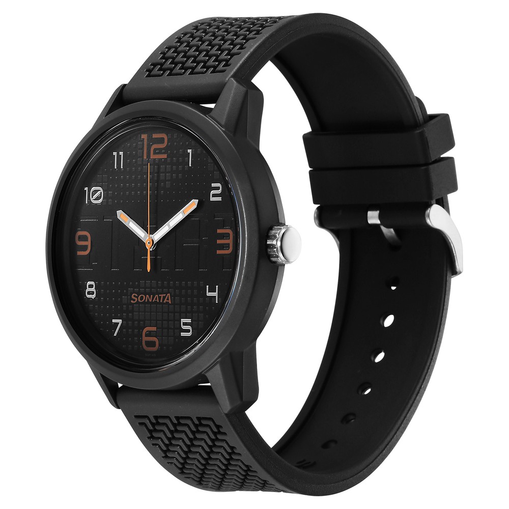 Buy Online Sonata Volt Quartz Analog Black Dial Polyurethane Strap ...