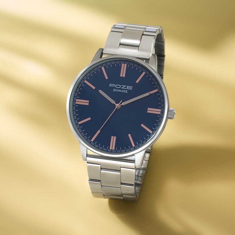 Buy Online Sonata Poze Quartz Analog Blue Round Dial Silver Metal Strap ...