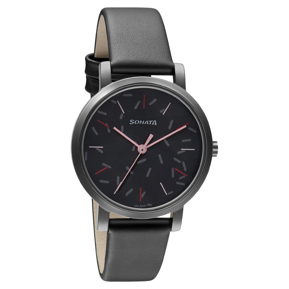 Buy Online Sonata Play Black Dial Women Watch With Leather Strap ...