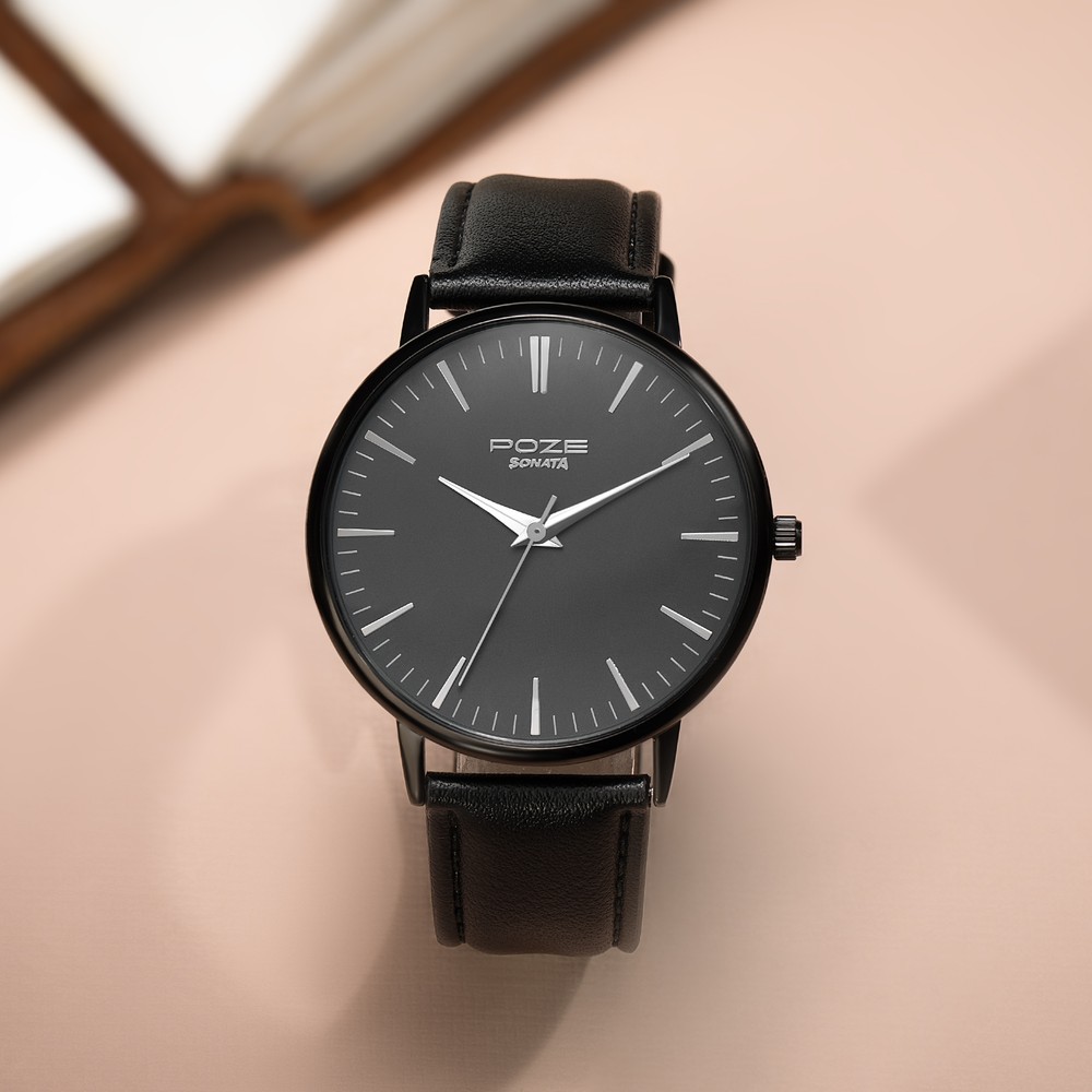 Buy Online Sonata Poze Quartz Analog Black Dial Leather Strap Watch for ...
