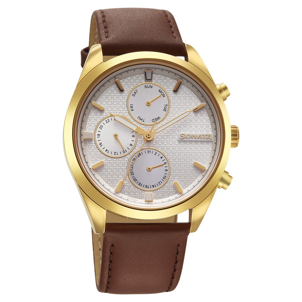 Buy Online Sonata Magna Quartz Multifunction Silver Dial Brown Leather ...